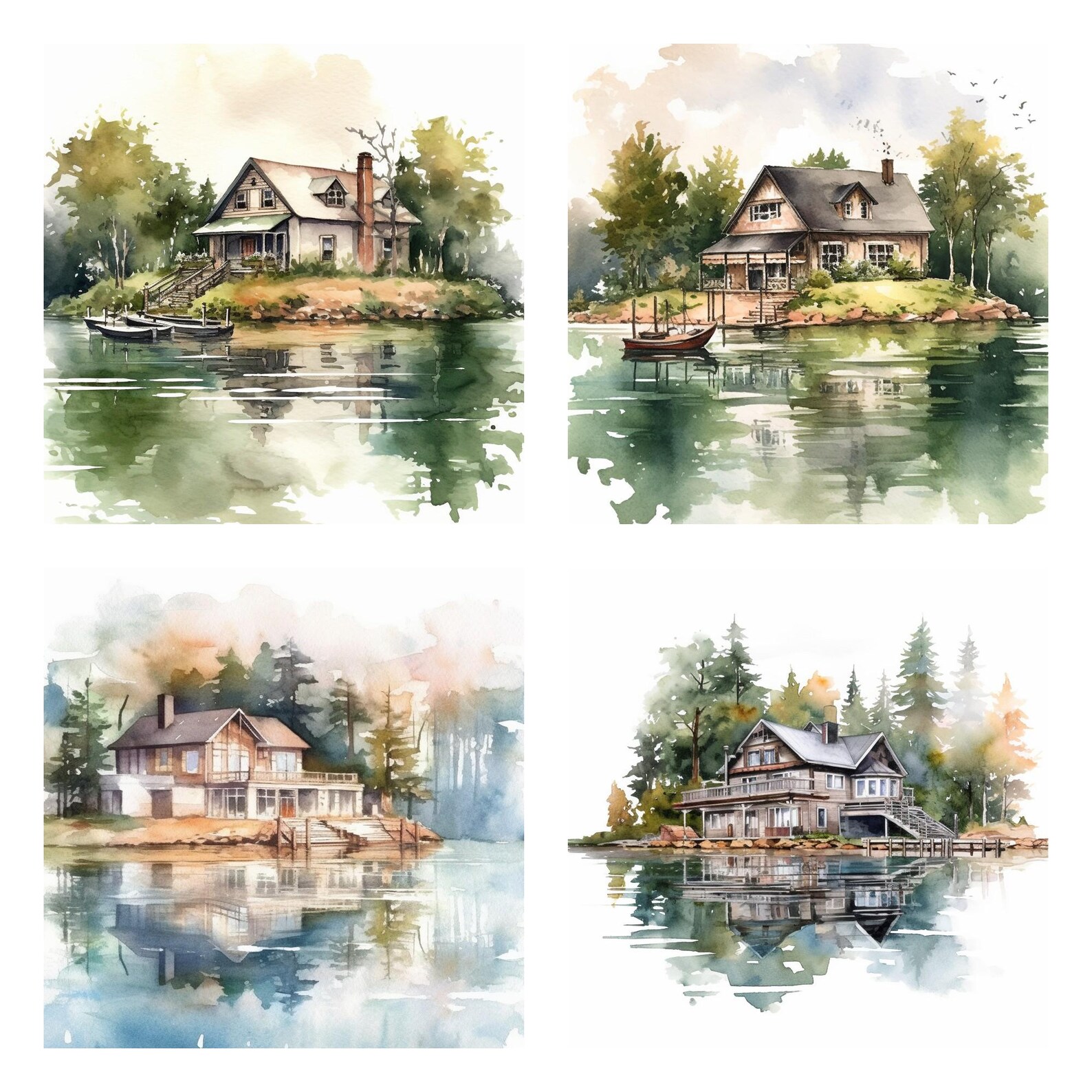 15 Lake House Landscape PNG Clipart Bundle, Watercolor Waterfront Home ...