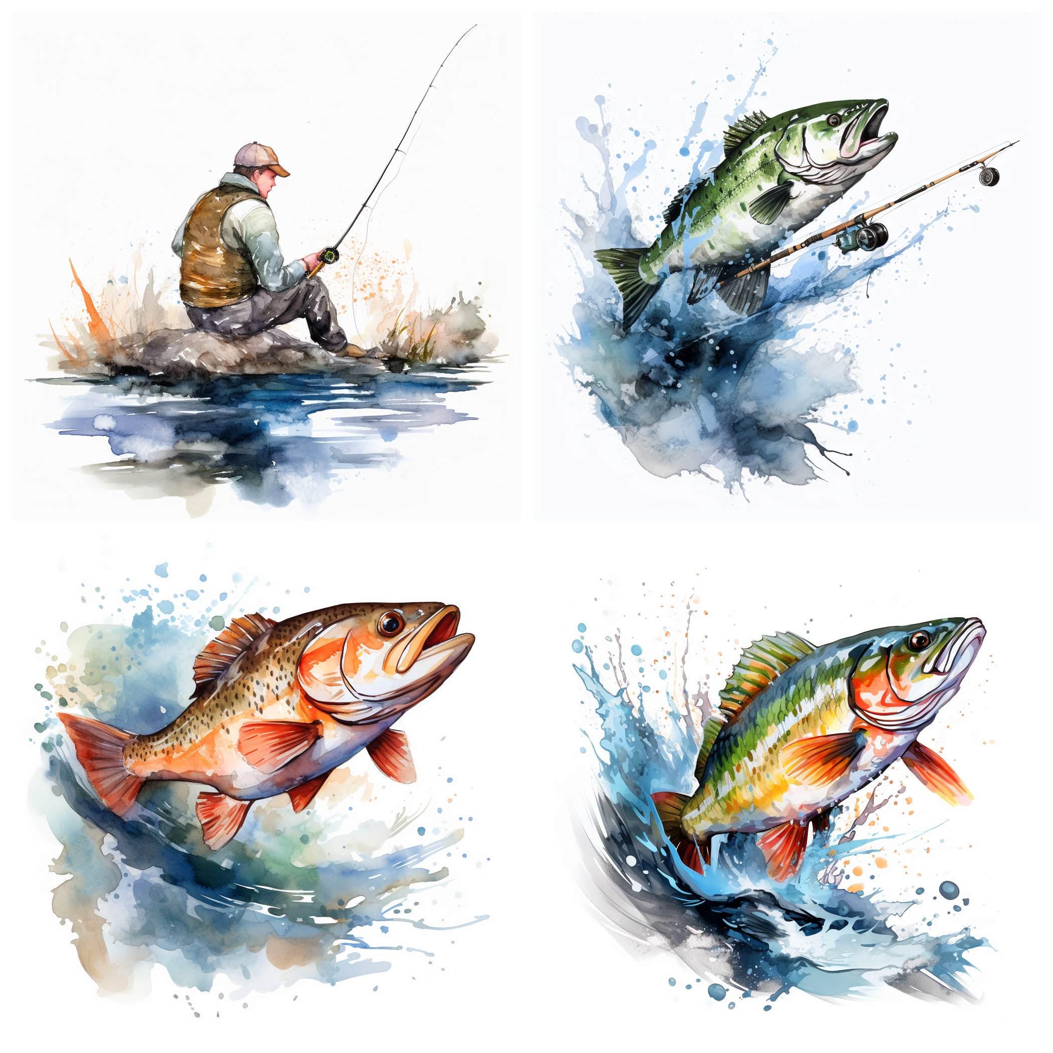 25 Fishing Sport PNG Clipart Bundle, Watercolor Fisherman Digital JPEG ...