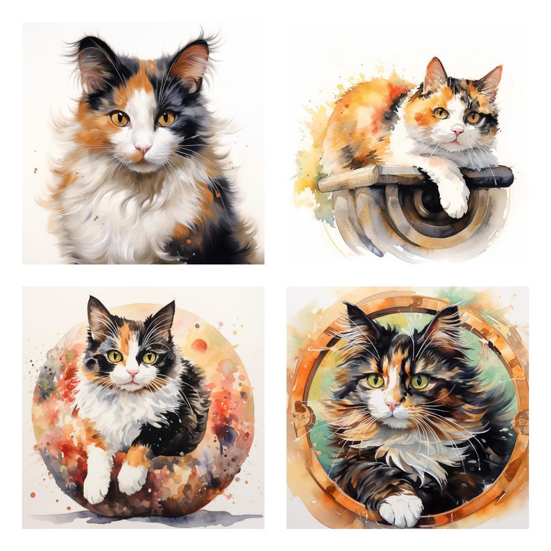 52 Calico Cat Breed PNG Clipart Bundle, Watercolor Tricolor Kitten Pet ...