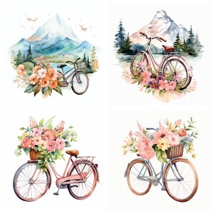 Floral Bicycle PNG Clipart Bundle, Watercolor Blooming Bicycle Digital ...