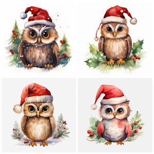 31 Christmas Owl PNG Clipart Bundle, Watercolor Owl Festive Digital Art ...