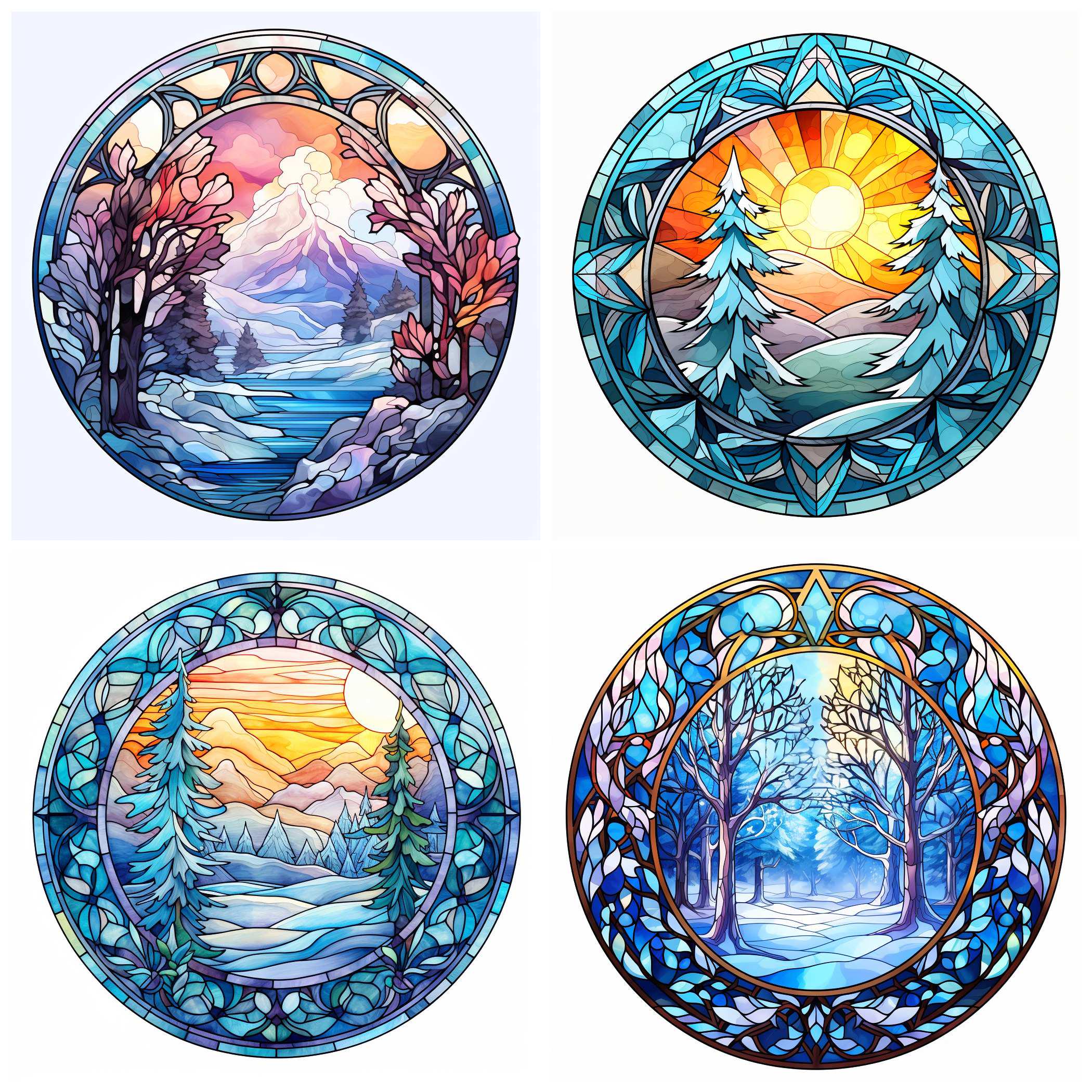 32 Winter Stained Glass PNG Clipart Bundle, Watercolor Colored Snowy ...