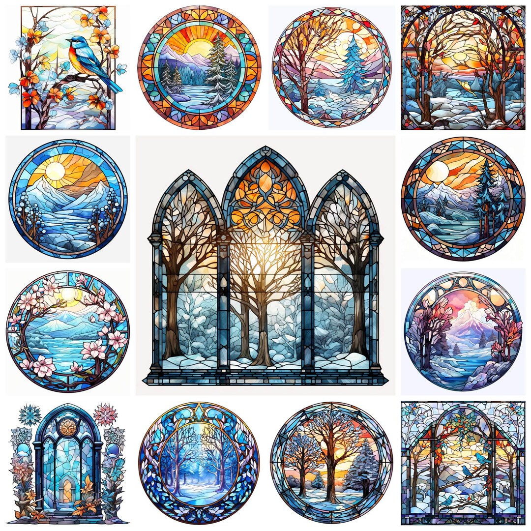 32 Winter Stained Glass PNG Clipart Bundle, Watercolor Colored Snowy ...