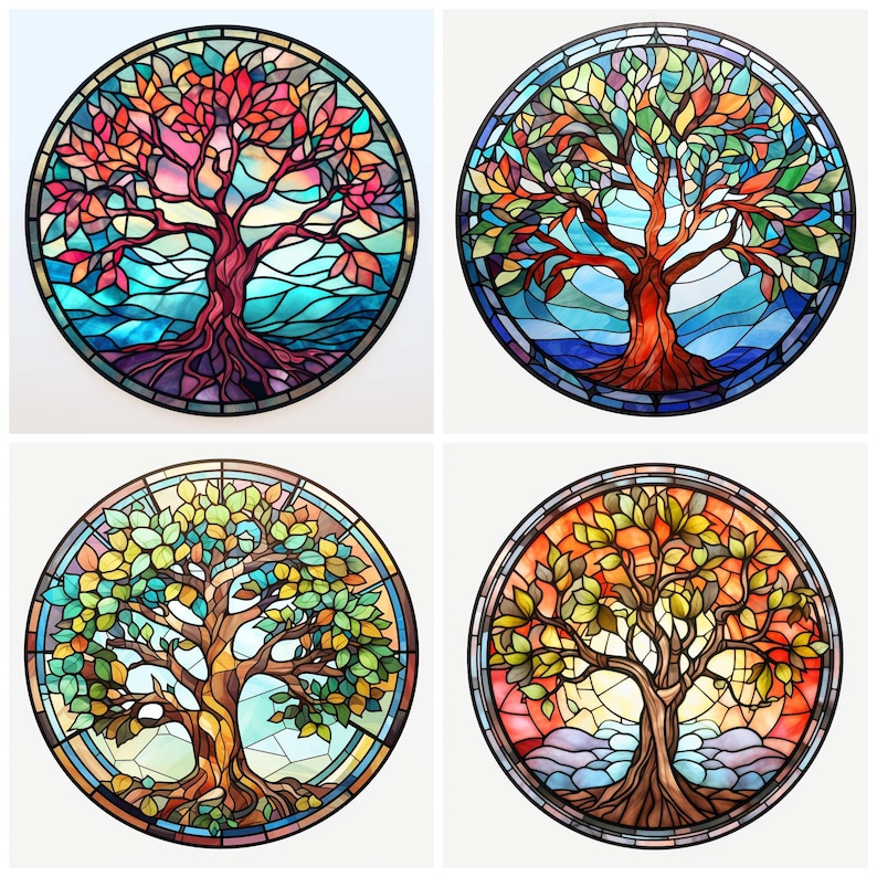 36 Stained Glass Tree PNG Clipart Bundle, Watercolor Colored Glass Tree ...