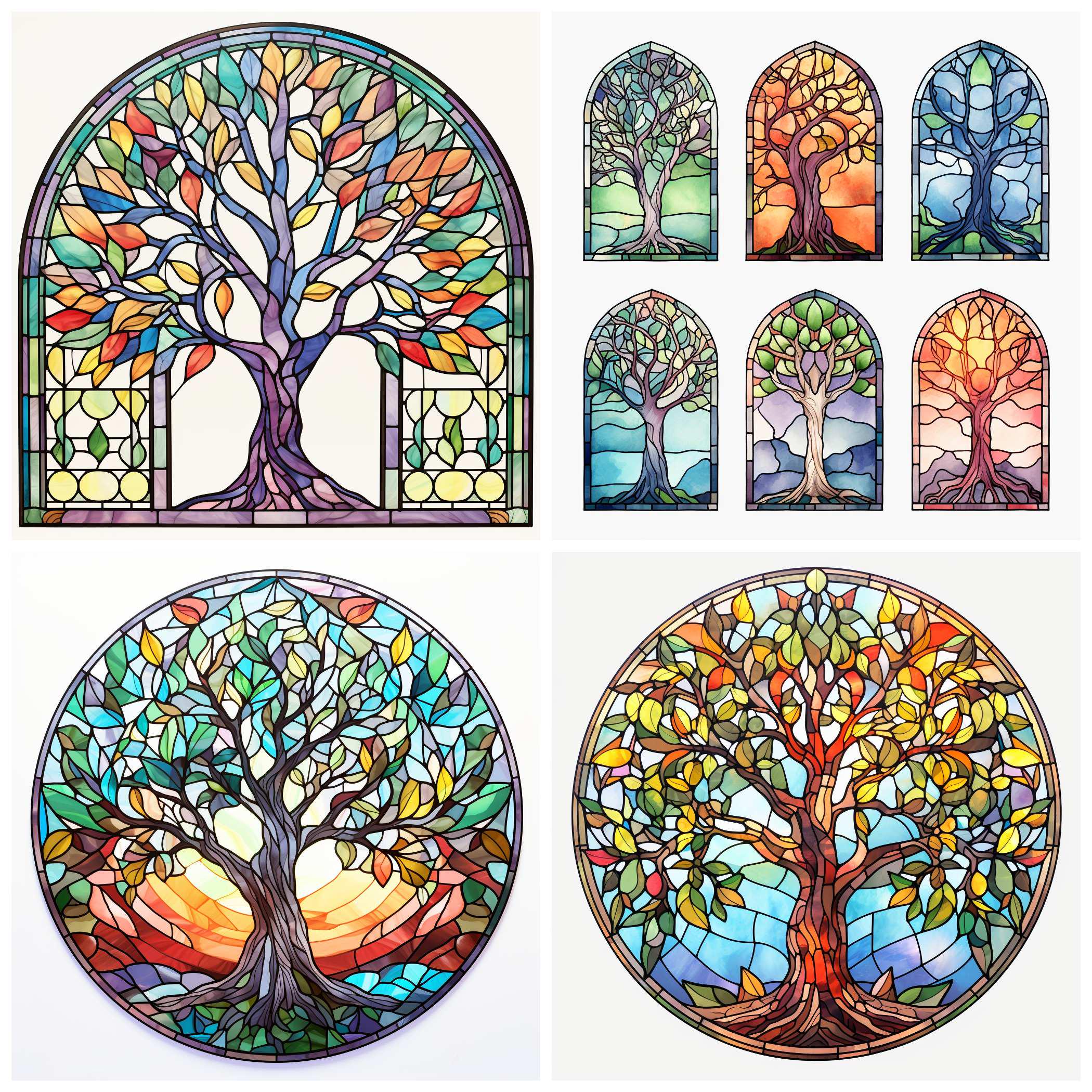 36 Stained Glass Tree PNG Clipart Bundle, Watercolor Colored Glass Tree ...