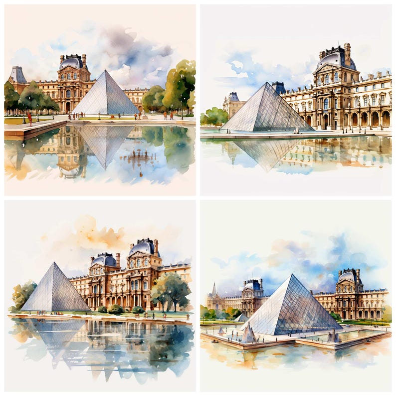 25 Louvre Museum PNG Clipart Bundle, Watercolor Louvre Abstract Digital ...
