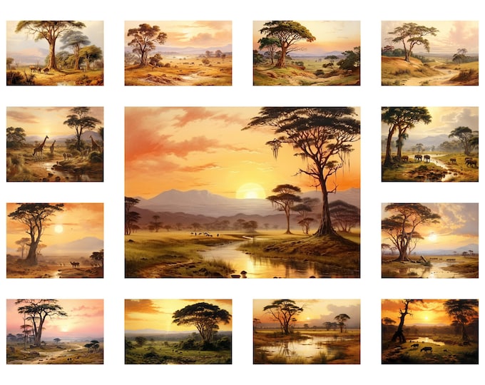 10 African Savannah Landscape Clipart Set, Panoramic Wall Art, Digital ...