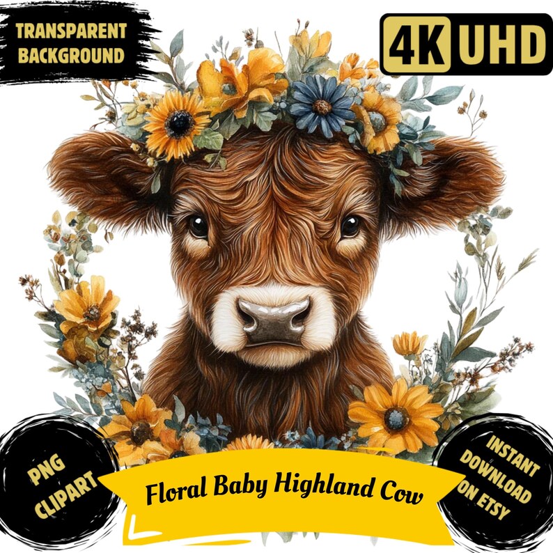 Floral Baby Highland Cow PNG Clipart Bundle, Watercolor Animal ...