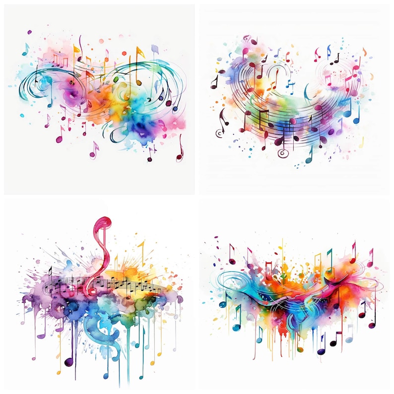 38 Music Notations PNG Clipart Bundle, Watercolor Abstract Musical ...