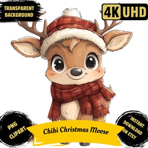Chibi Christmas Moose PNG Clipart Bundle, Whimsical Xmas Animal ...