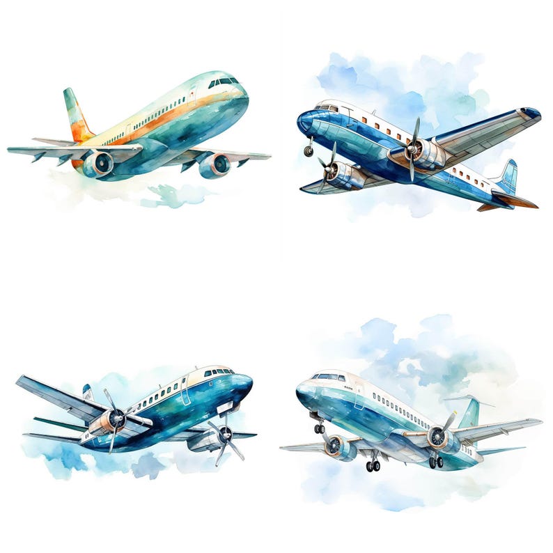 Lot de 32 cliparts PNG avion, aquarelle avion art numérique JPEG ...