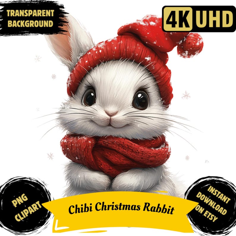 Chibi Christmas Rabbit PNG Clipart Bundle, Whimsical Xmas Rabbit ...