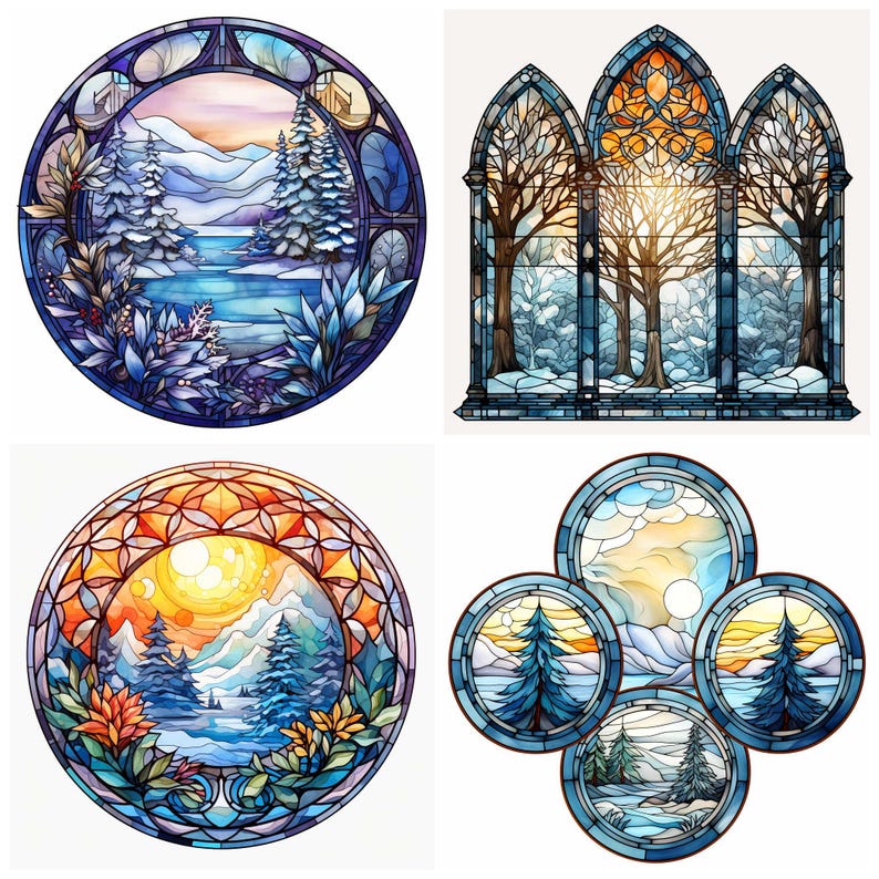 32 Winter Stained Glass PNG Clipart Bundle, Watercolor Colored Snowy ...