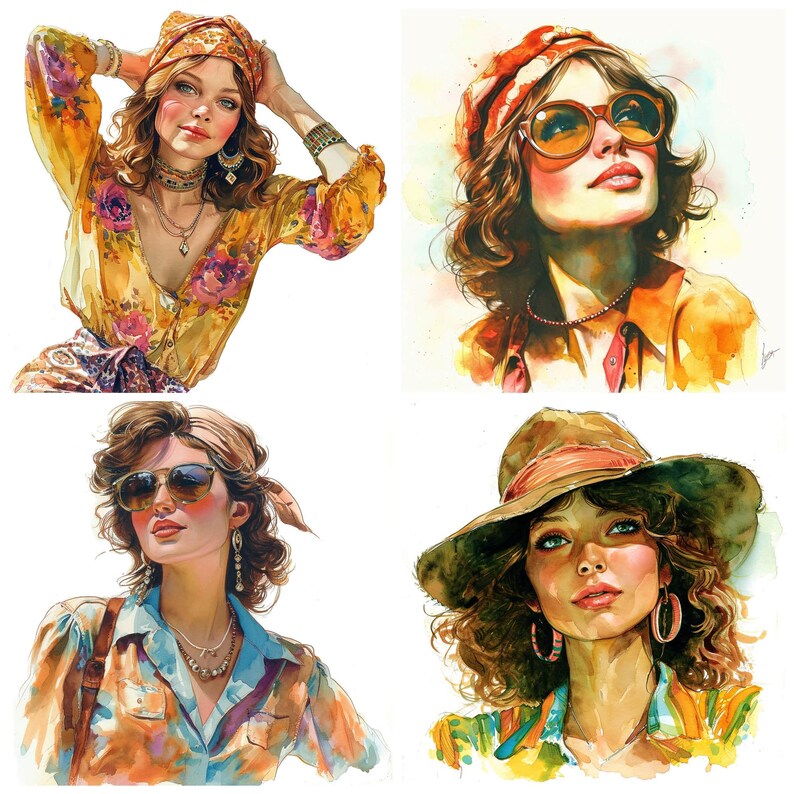 Vintage Woman 70s 80s Style PNG Clipart Bundle, Watercolor Retro Woman ...