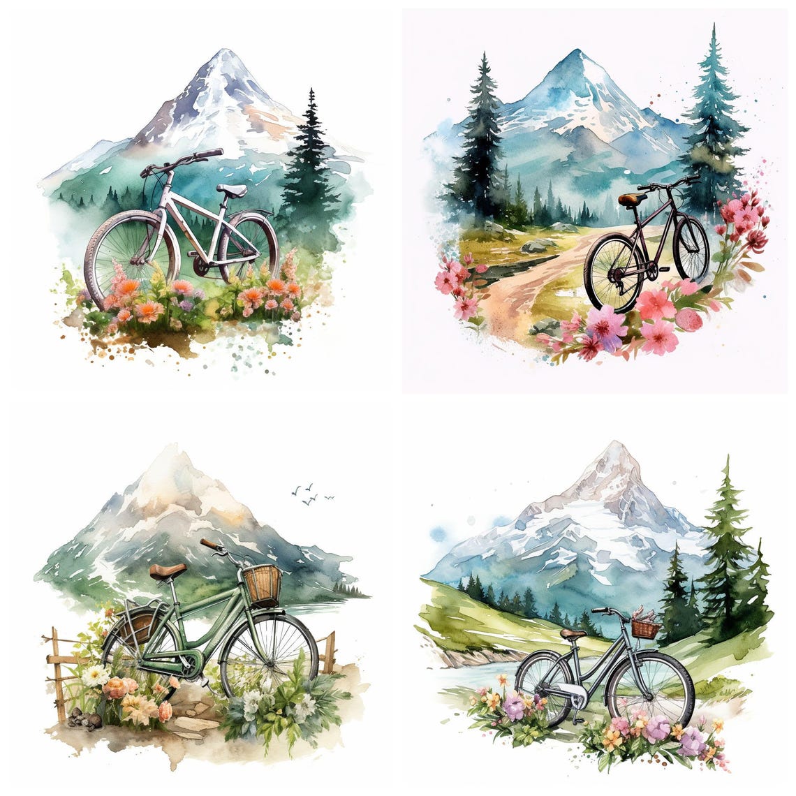 Floral Bicycle PNG Clipart Bundle, Watercolor Blooming Bicycle Digital ...