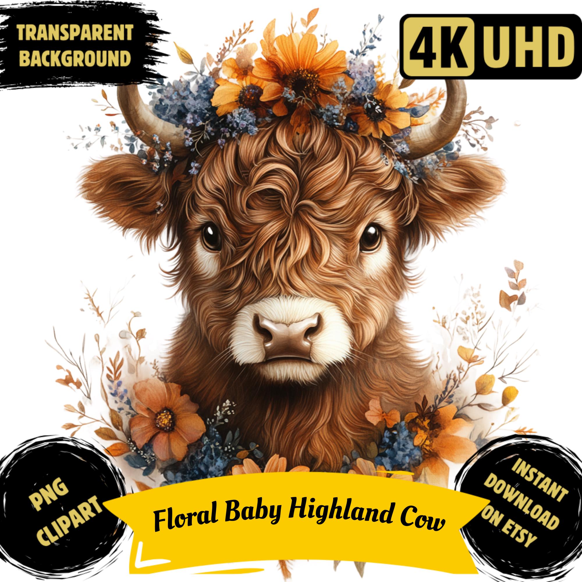 Floral Baby Highland Cow PNG Clipart Bundle, Watercolor Animal ...