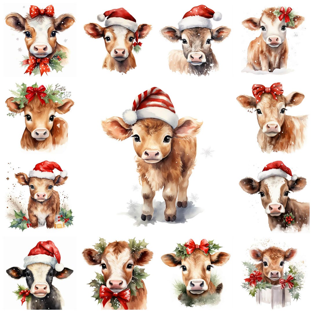 42 Christmas Calf PNG Clipart Bundle, Watercolor Festive Baby Cow Art ...