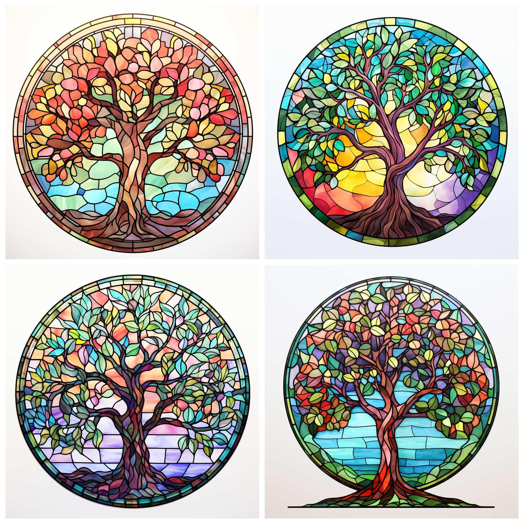 36 Stained Glass Tree PNG Clipart Bundle, Watercolor Colored Glass Tree ...