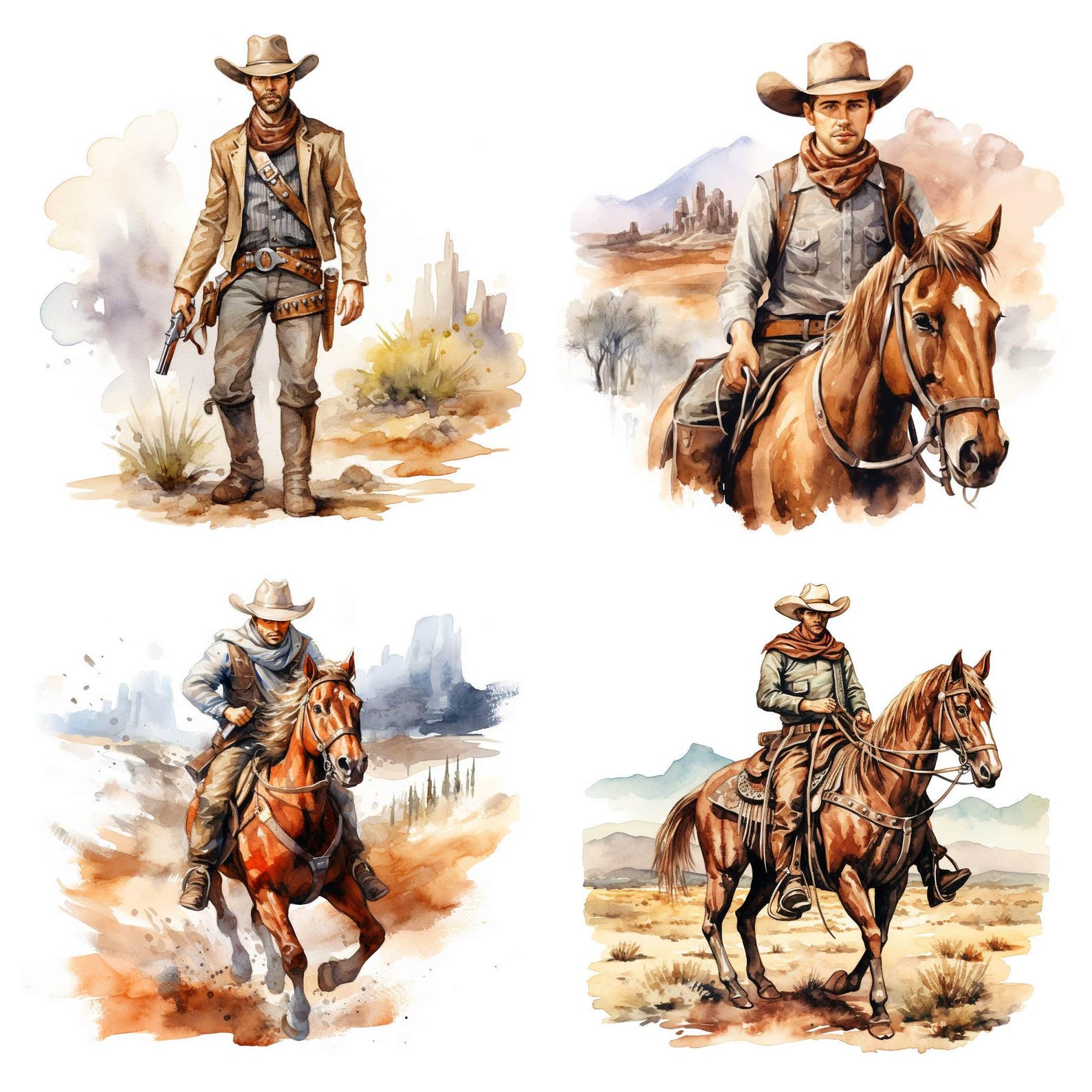 31 Cowboy PNG Clipart Bundle, Watercolor Western Digital Art JPEG ...