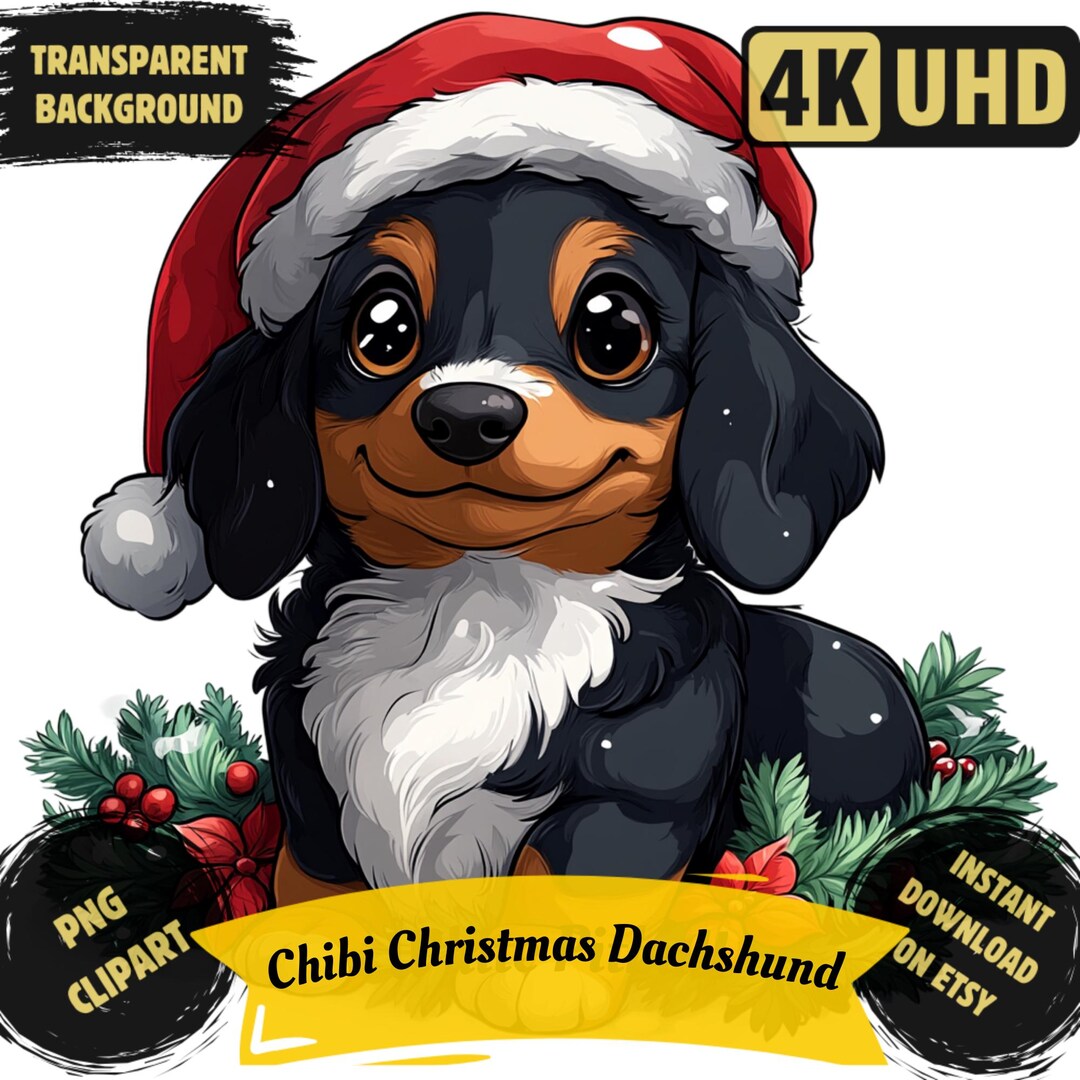 Chibi Christmas Dachshund PNG Clipart Bundle, Whimsical Xmas Dachshund ...
