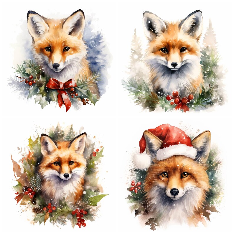 32 Christmas Fox PNG Clipart Bundle, Watercolor Festive Fox POD Images ...