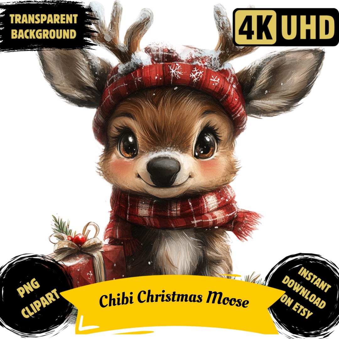 Chibi Christmas Moose PNG Clipart Bundle, Whimsical Xmas Animal ...