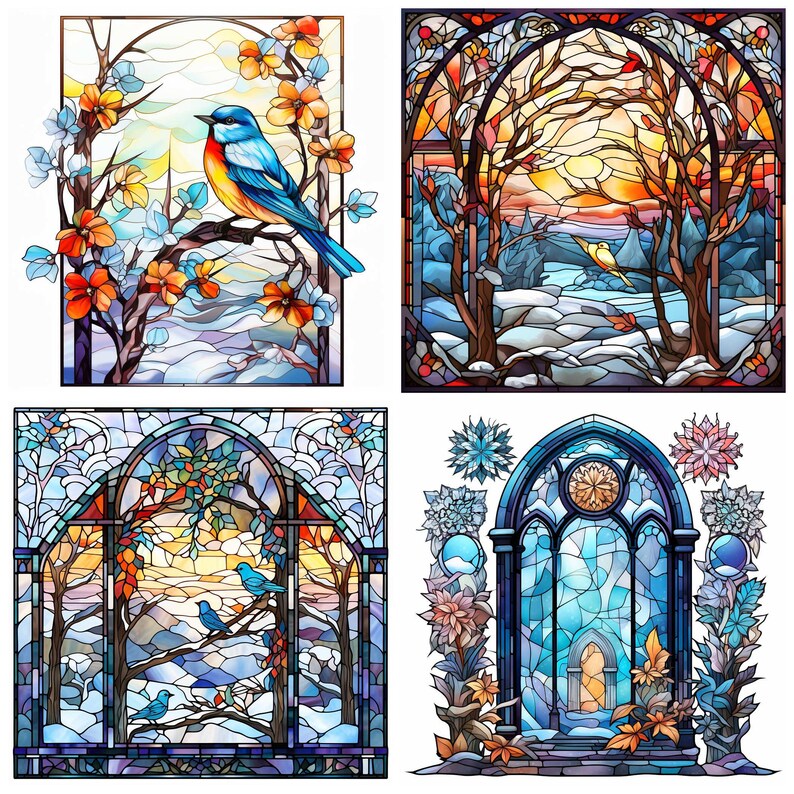 32 Winter Stained Glass PNG Clipart Bundle, Watercolor Colored Snowy ...