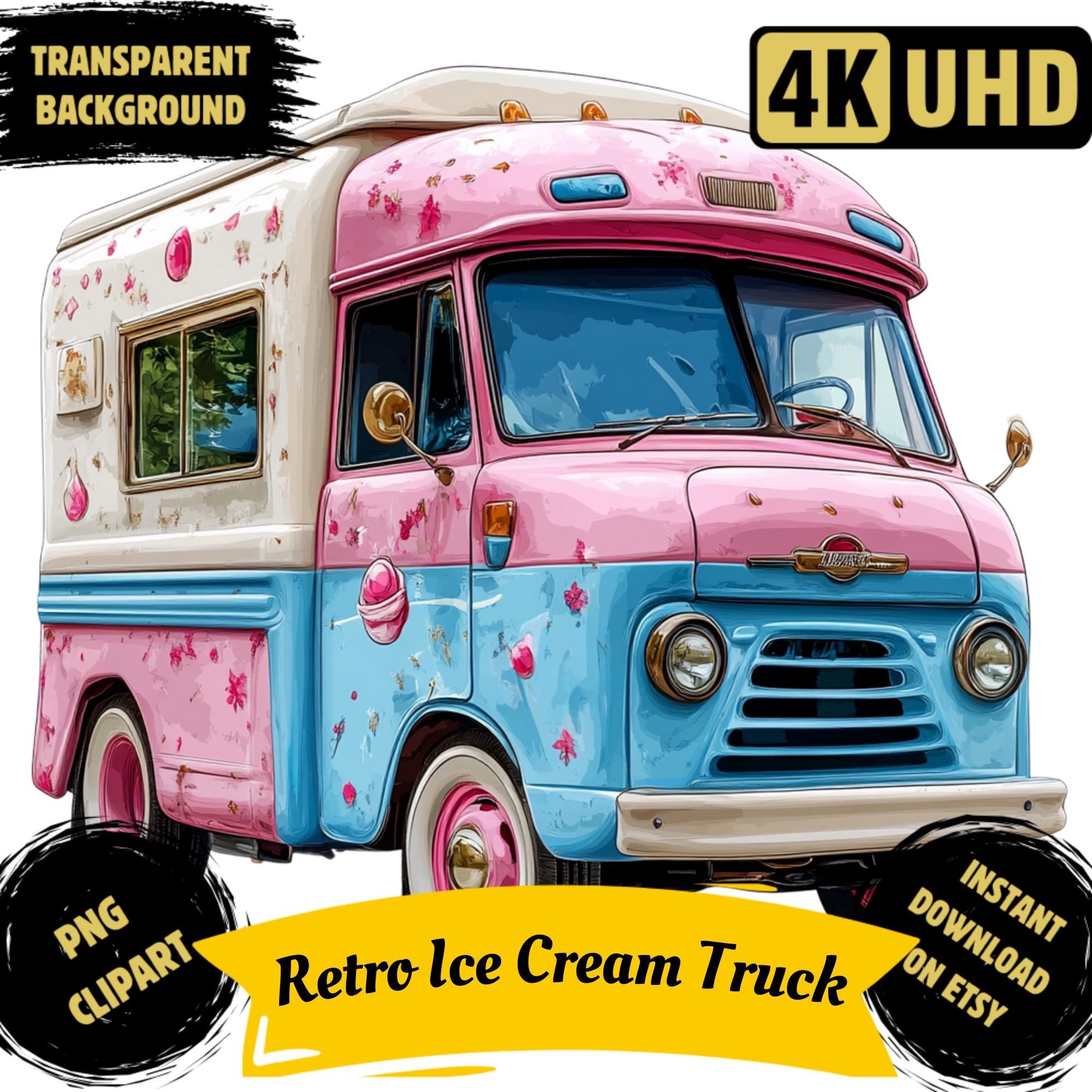 Retro Ice Cream Truck PNG Printable Clipart, Watercolor Vintage Ice ...