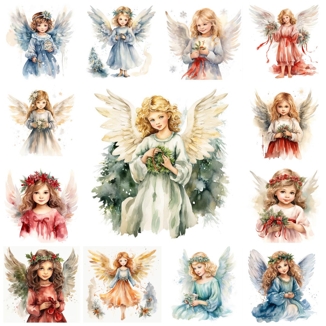 36 Christmas Angel PNG Clipart Bundle, Watercolor Festive Angel Digital ...