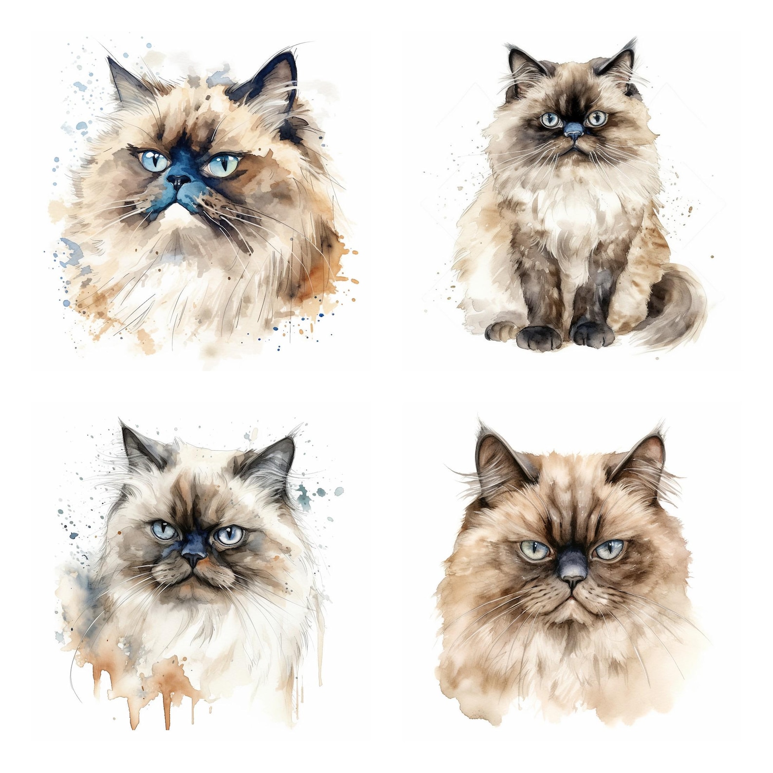 17 Himalayan Cat PNG Clipart Bundle, Watercolor Siamese Cat Wall Art ...