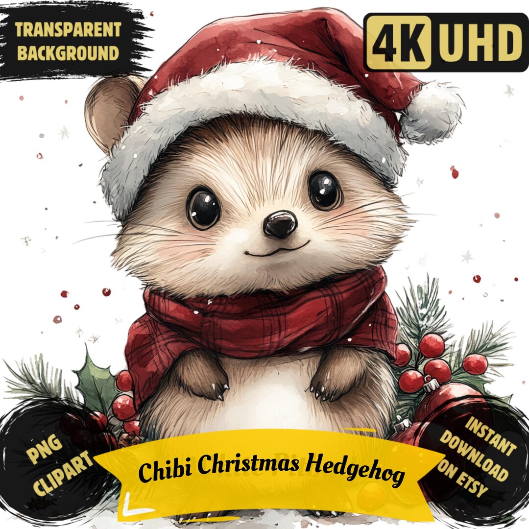 Chibi Christmas Hedgehog PNG Clipart Bundle, Whimsical Xmas Animal ...