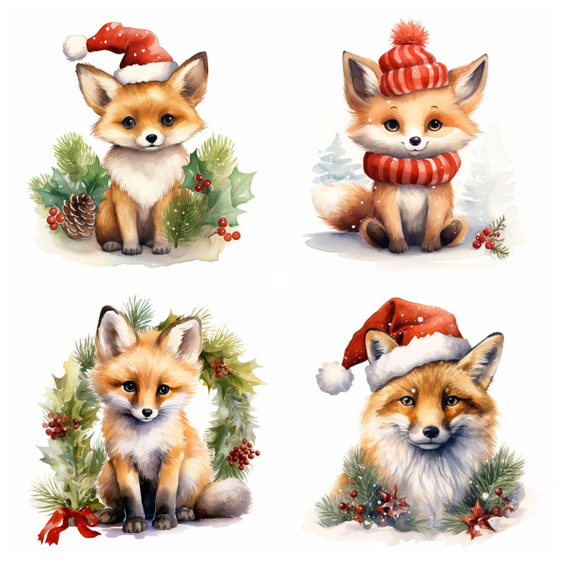 32 Christmas Fox PNG Clipart Bundle, Watercolor Festive Fox POD Images ...