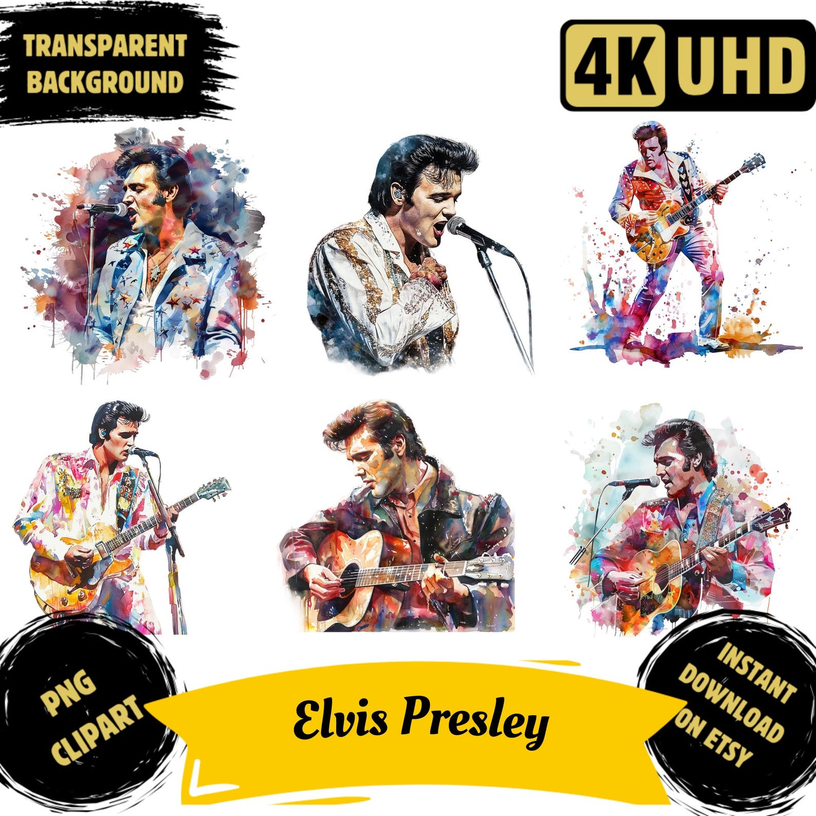 6 Elvis Presley PNG Clipart Bundle, Watercolor King of Rock Elvis ...