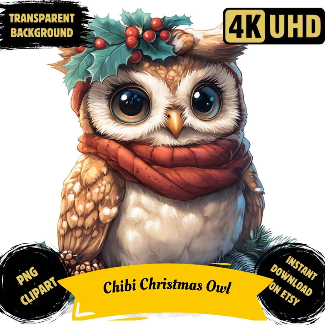 Chibi Christmas Owl PNG Clipart Bundle, Whimsical Xmas Animal Illustration, Quirky Winter Owl ...