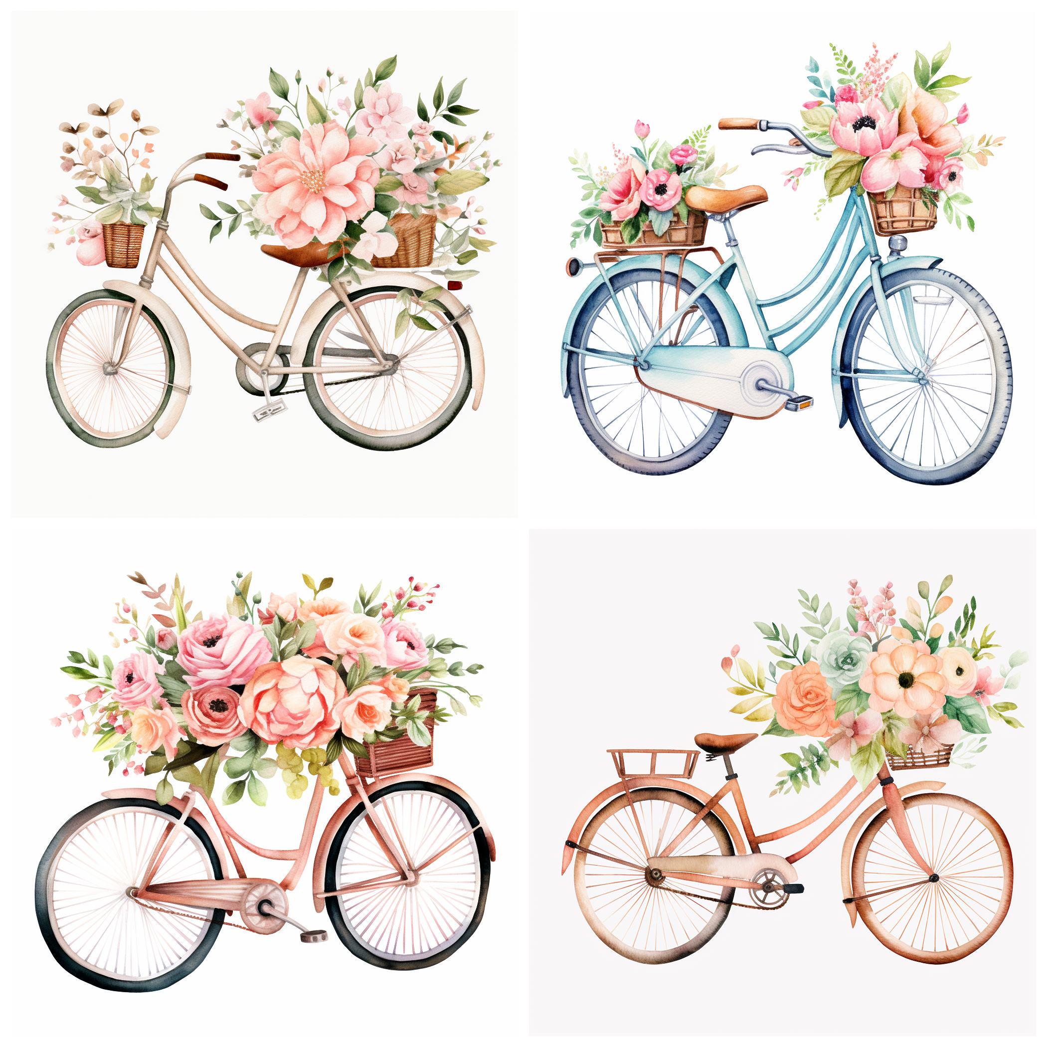 Floral Bicycle PNG Clipart Bundle, Watercolor Blooming Bicycle Digital ...