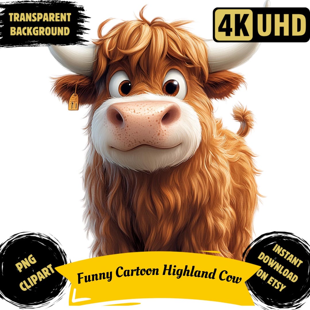 Funny Cartoon Highland Cow PNG Clipart, Watercolor Animal Illustration ...