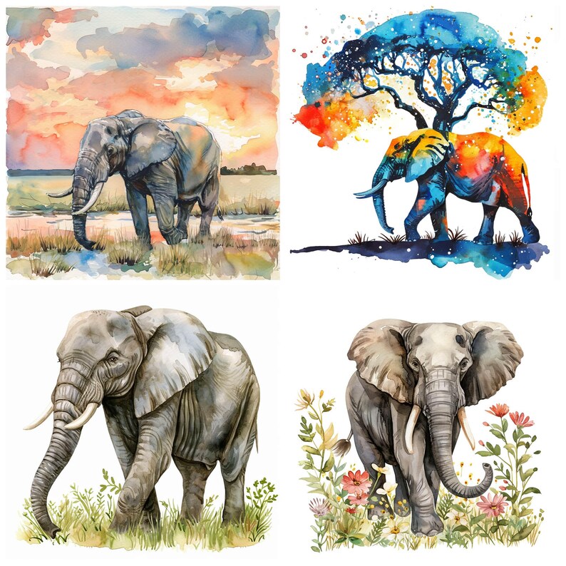 29 Elephant JPG Clipart Bundle, Watercolor Elephant Digital Art Instant ...