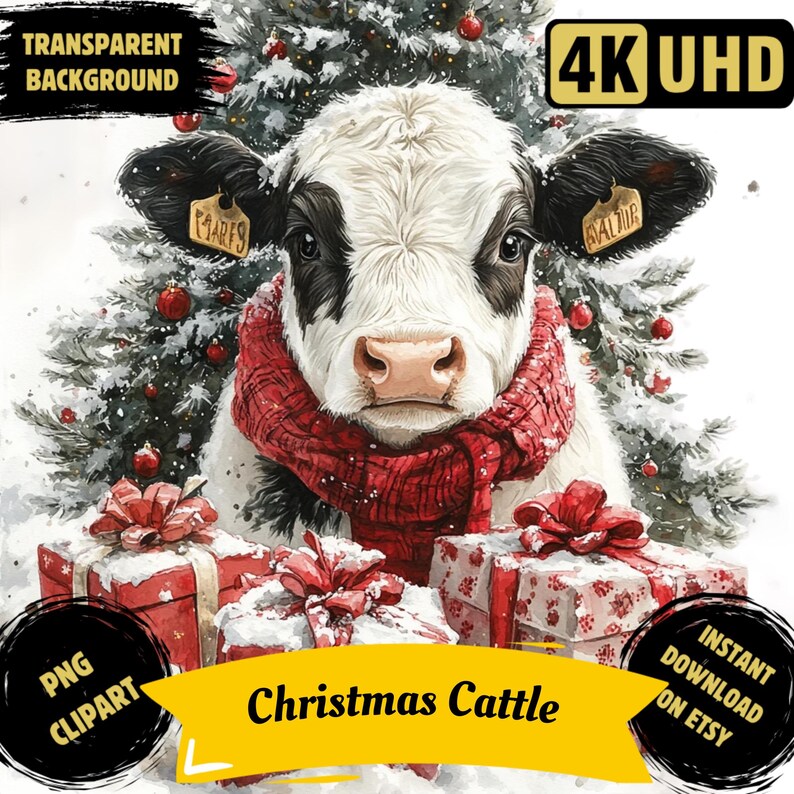Christmas Cattle PNG Printable Clipart, Watercolor Cow Animal ...