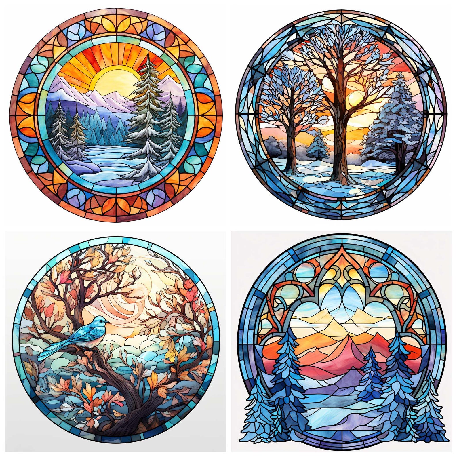 32 Winter Stained Glass PNG Clipart Bundle, Watercolor Colored Snowy ...