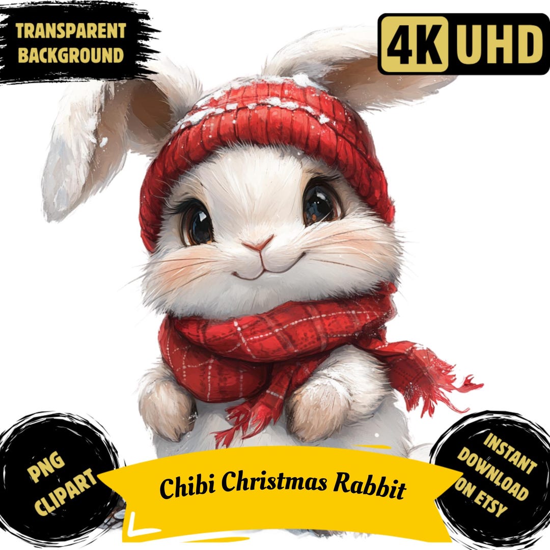 Chibi Christmas Rabbit PNG Clipart Bundle, Whimsical Xmas Rabbit ...