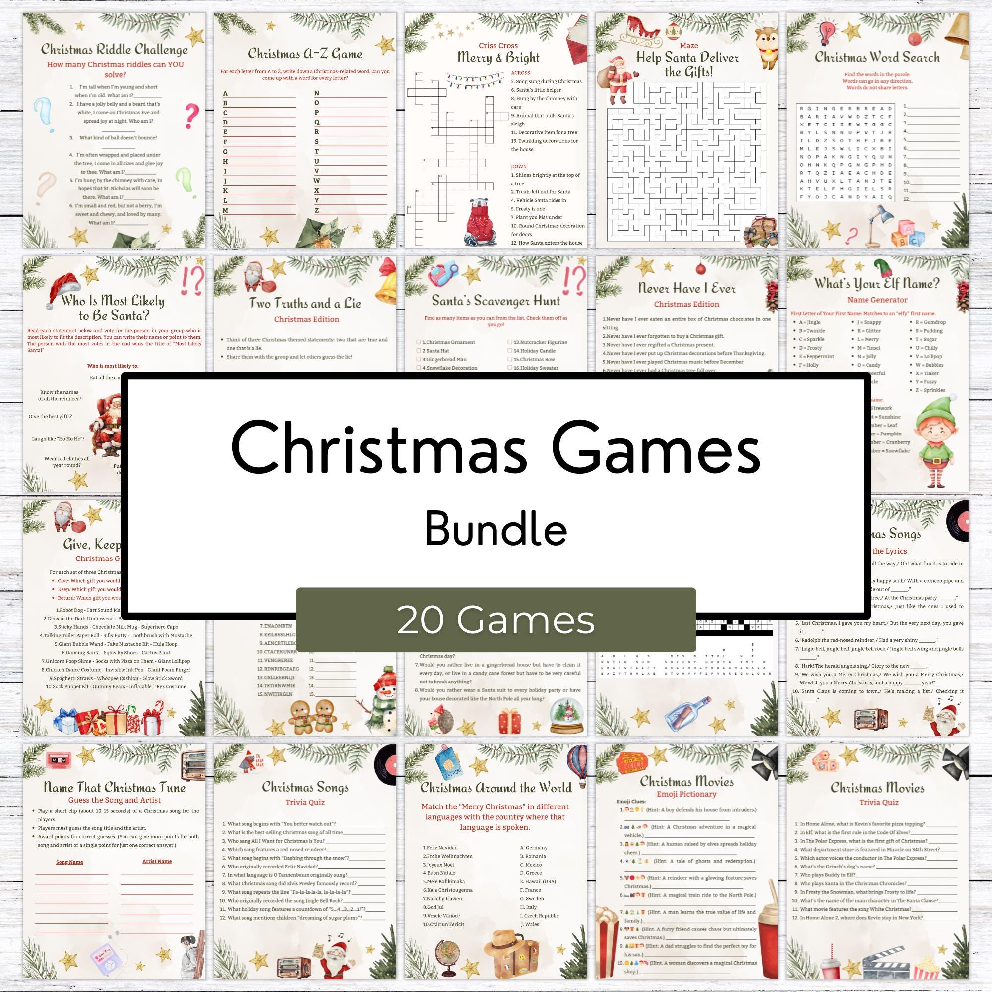 20 Printable Christmas Games Bundle, Party Games for Family & Friends ...
