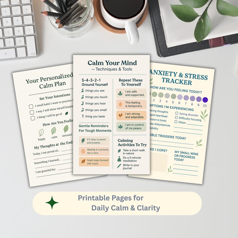 Calming Your Mind Worksheet Bundle – Anxiety Tracker, Stress Relief ...