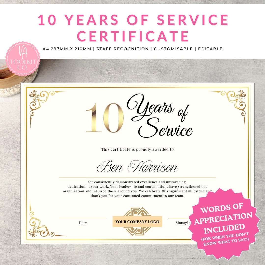 10 Years of Service Award Certificate - Employee Appreciation Gift ...
