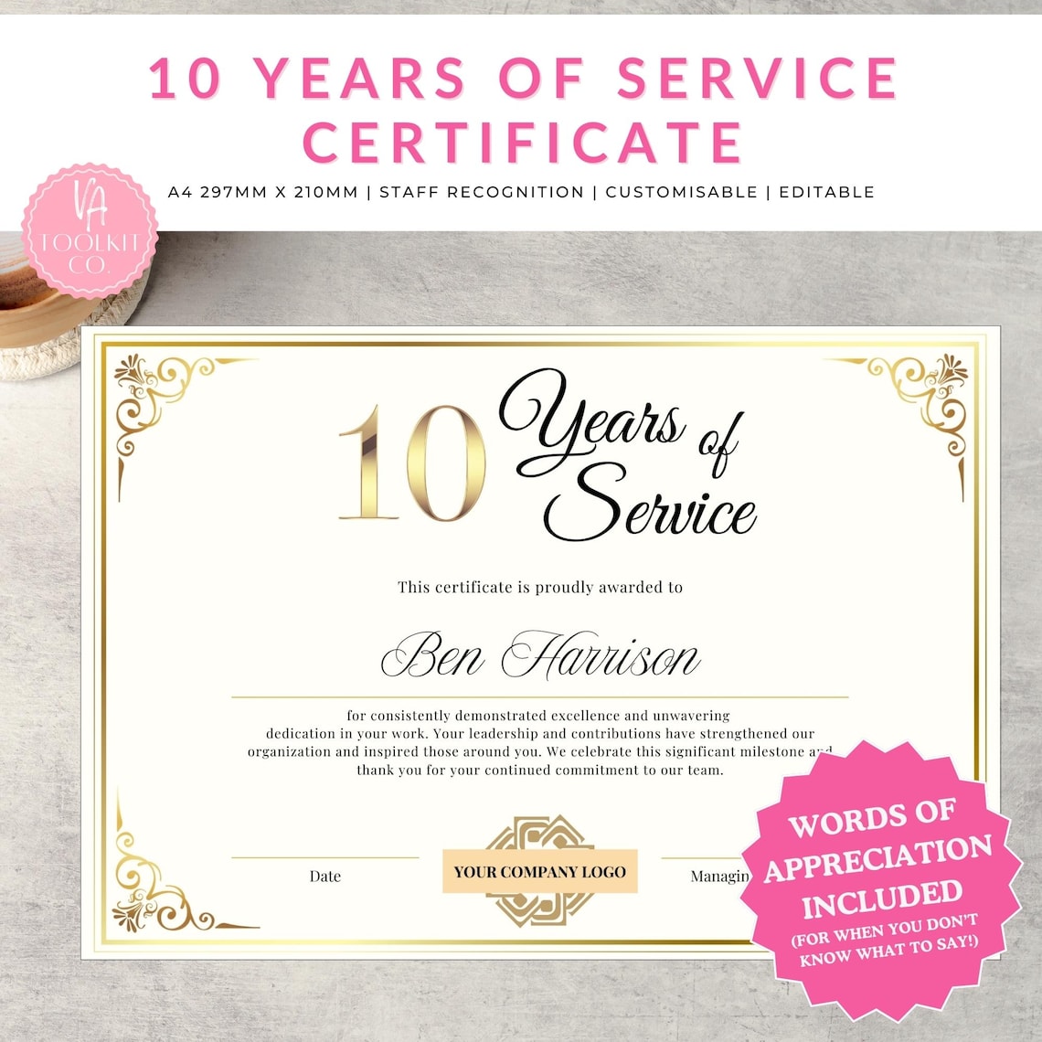 10 Years of Service Award Certificate - Employee Appreciation Gift ...