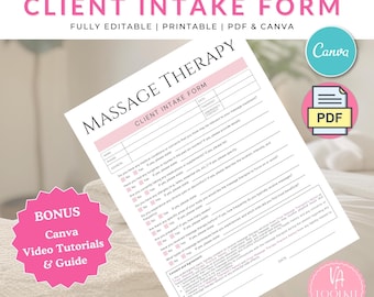 Massage Therapy Intake Form Client Consent Form Massage Consultation Massage Therapist Editable ...