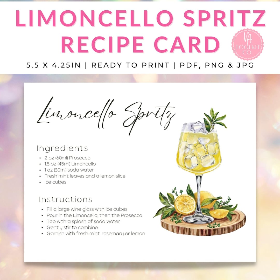 Limoncello Spritz Recipe Card - Cocktail Recipe Card - Mocktail Recipe - Digital Download ...
