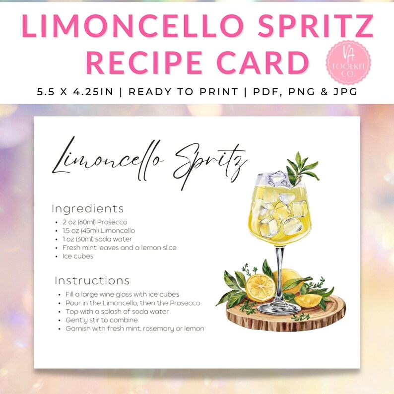 Limoncello Spritz Recipe Card - Cocktail Recipe Card - Mocktail Recipe - Digital Download ...