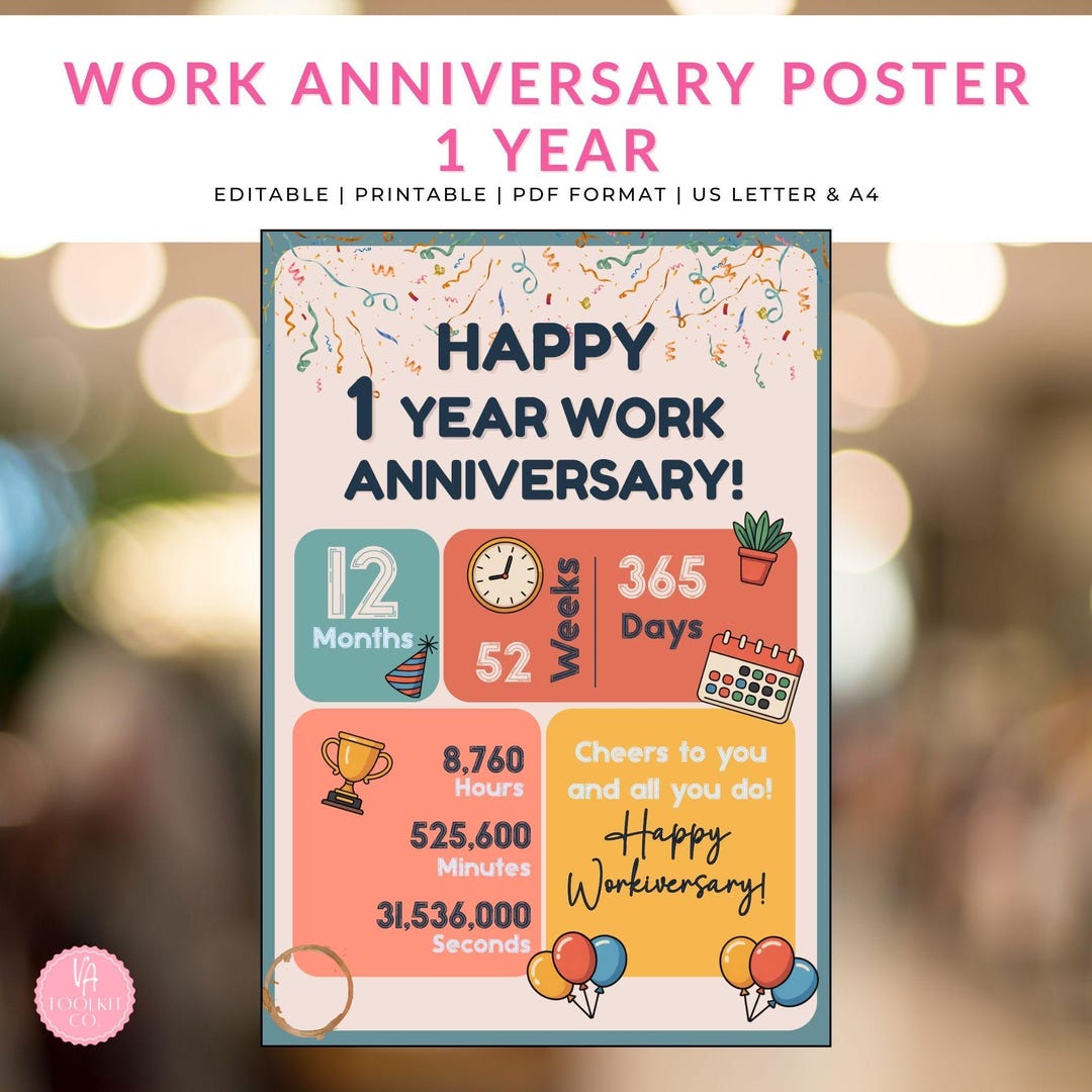 1 Year Work Anniversary Poster, Custom Employee Appreciation Gift ...