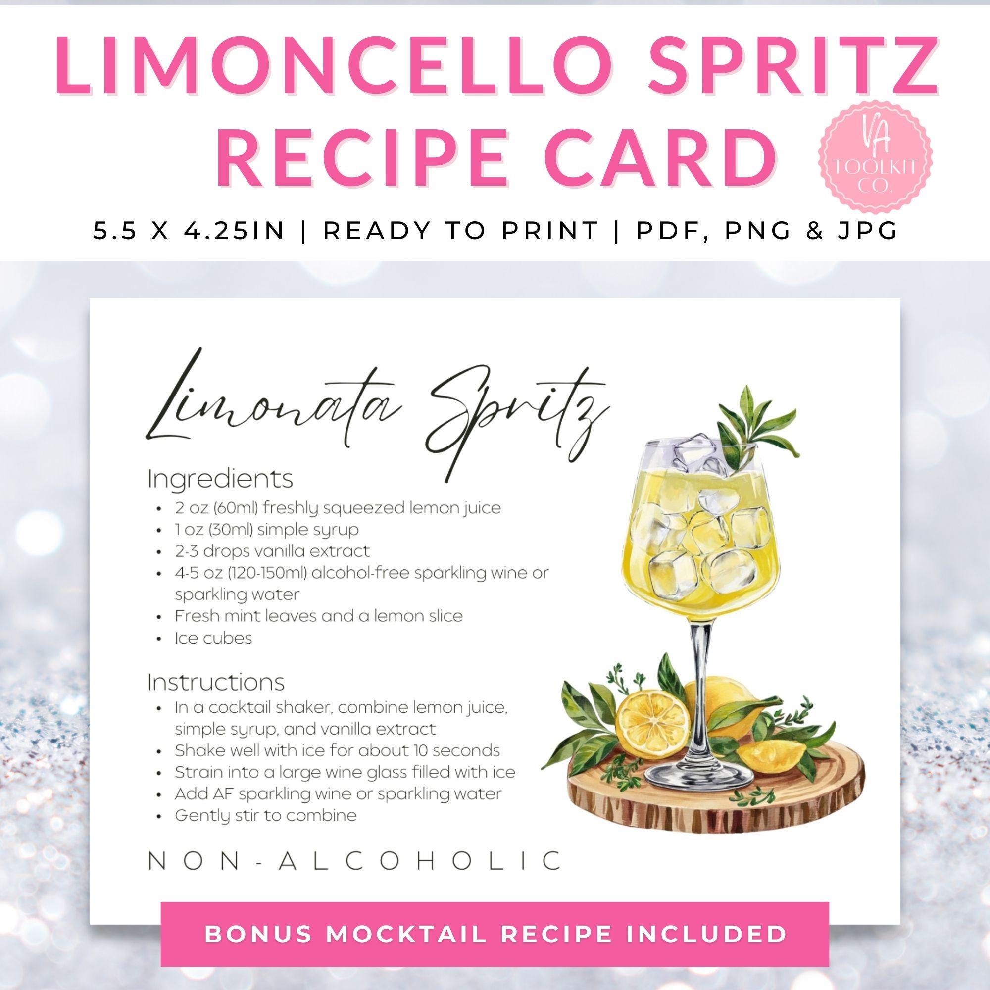 Limoncello Spritz Recipe Card - Cocktail Recipe Card - Mocktail Recipe ...
