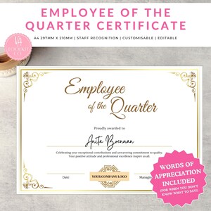 Employee of the Quarter Certificate Templates, Editable Award, Instant ...